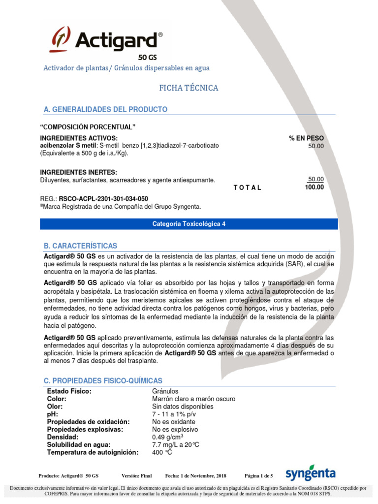 Ficha Técnica - Actigard 50 GS | PDF