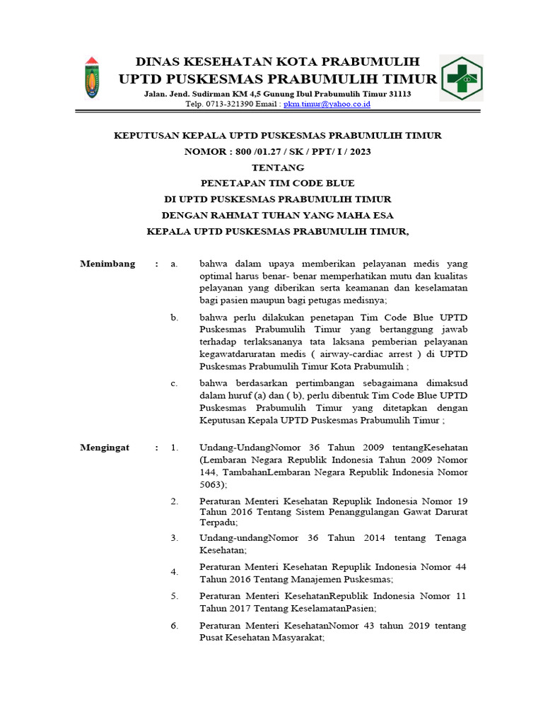 1.4.2.c SK TIM Code Blue UPTD Puskesmas Prabumulih Timur | PDF