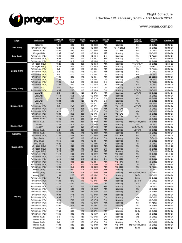 PNG Air Flight Schedule Eff 13 February 2023 30 March 2024 V2 | PDF