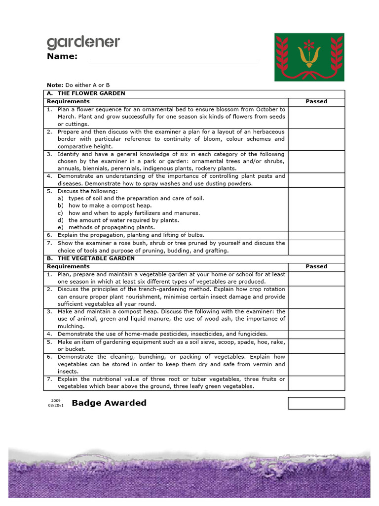 Gardener (Scout Interest Badge) Print | PDF | Vegetables | Plants