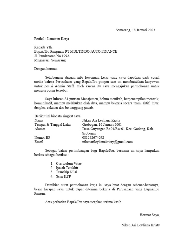 Surat Lamaran Niken Ari Leyliana Kristy | PDF