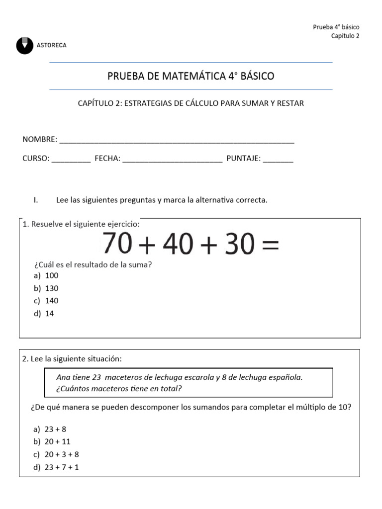 Prueba 4º CAP 2 Estrategias de Cálculo Para Sumar y Restar | PDF