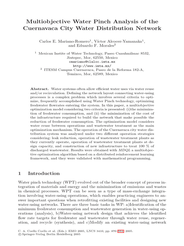 Multiobjective Water Pinch Analysis Of The Cuernavaca City Water