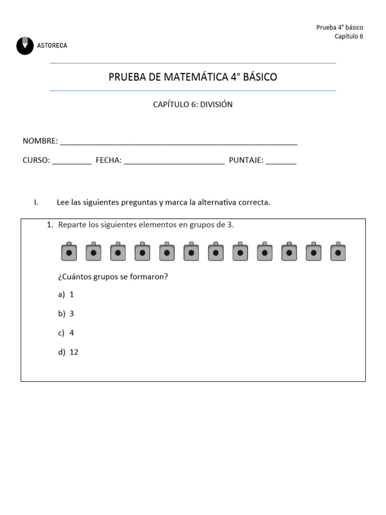 Prueba de Divisiones 4° Básico | PDF