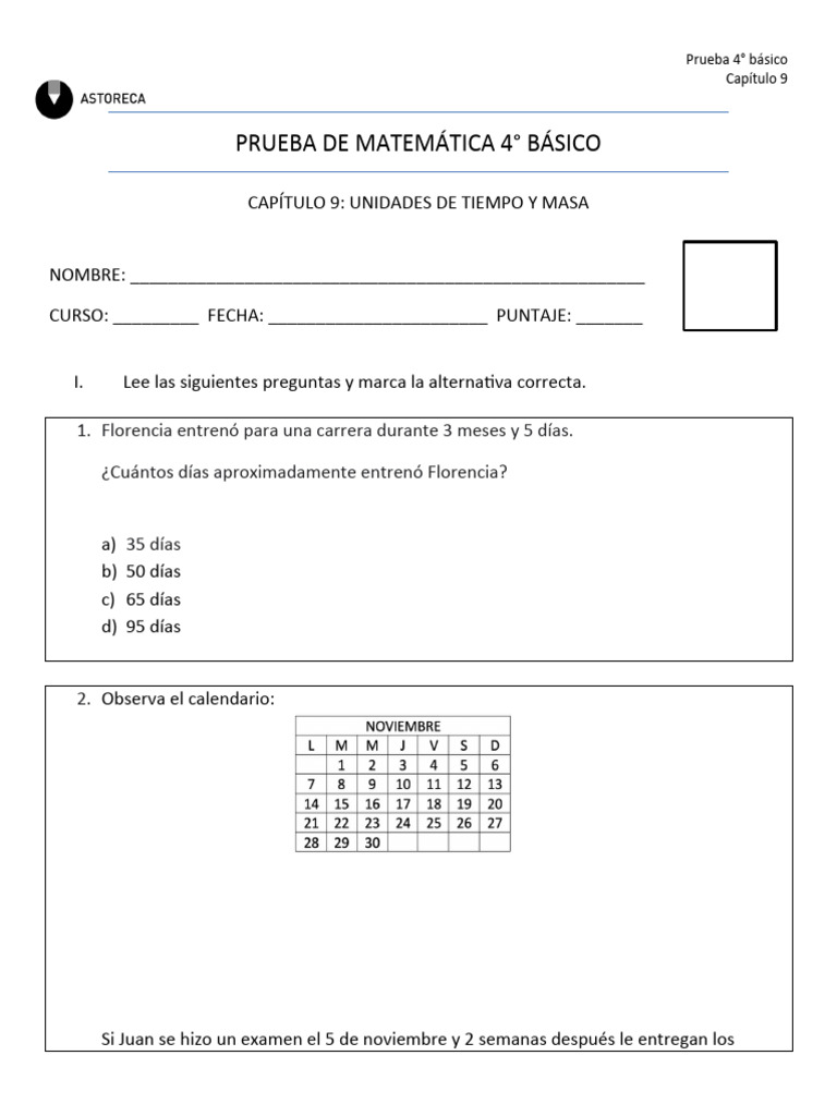 Prueba 4º CAP 9 Unidades de Tiempo y Masa | PDF