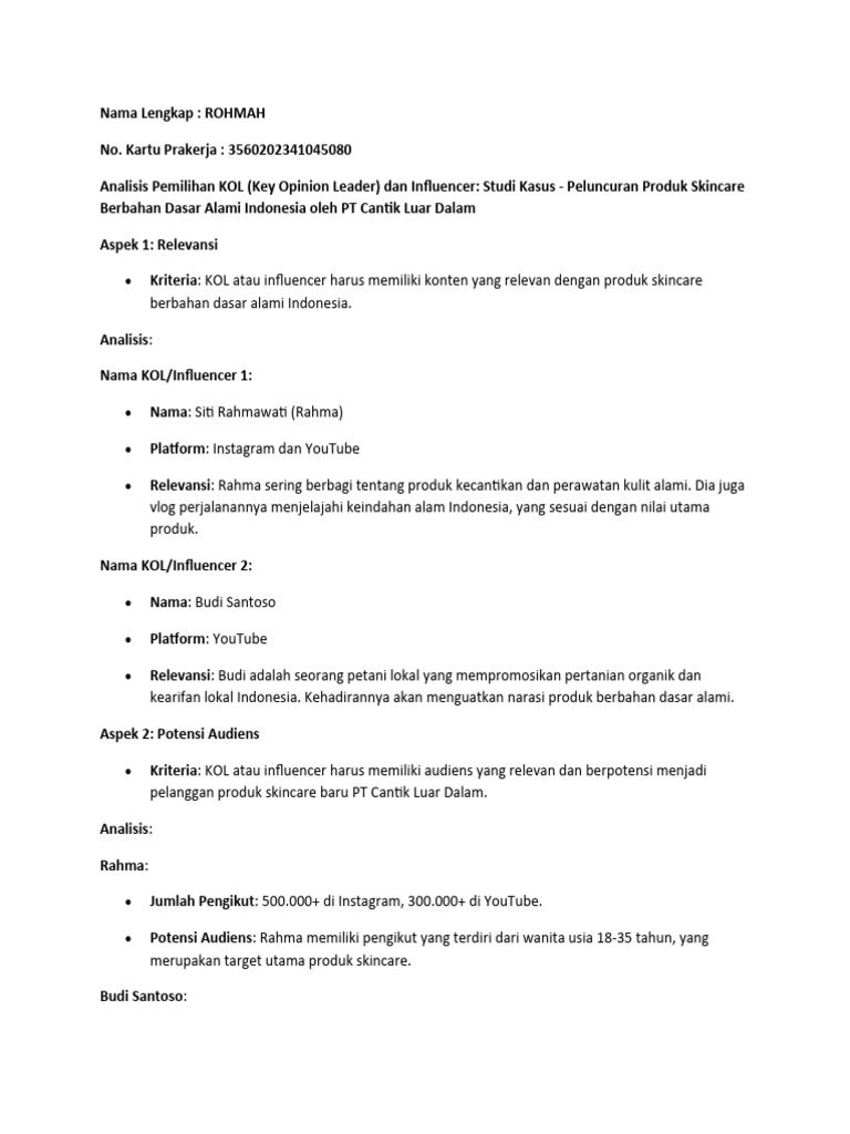 Tugas Membuat Analisis Pemilihan KOL Dan Influencer - ROHMAH | PDF