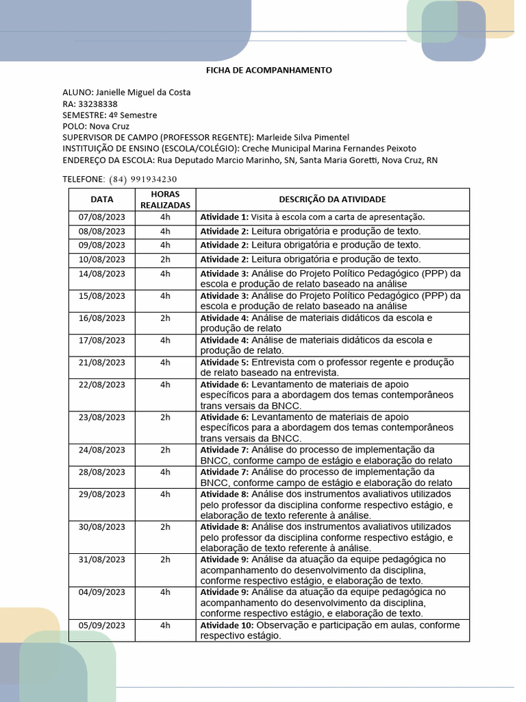 Ficha de Acompanhamento - Janielle | PDF | Pedagogia