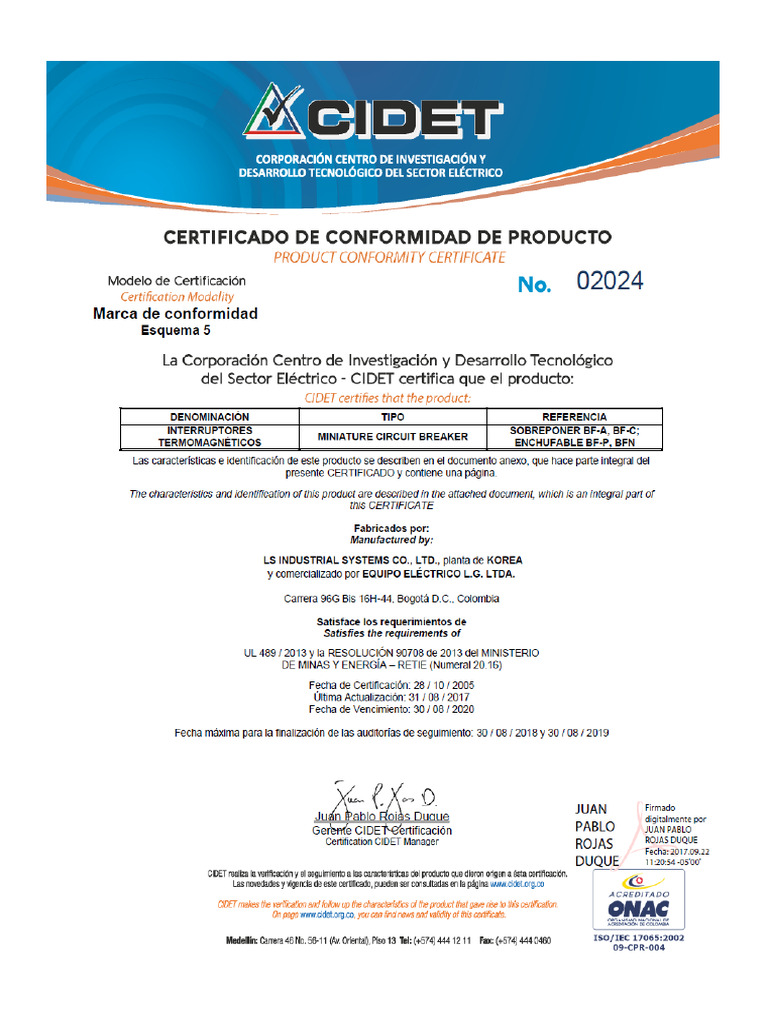 Cidet #02024 (Certificado RETIE Producto) | PDF