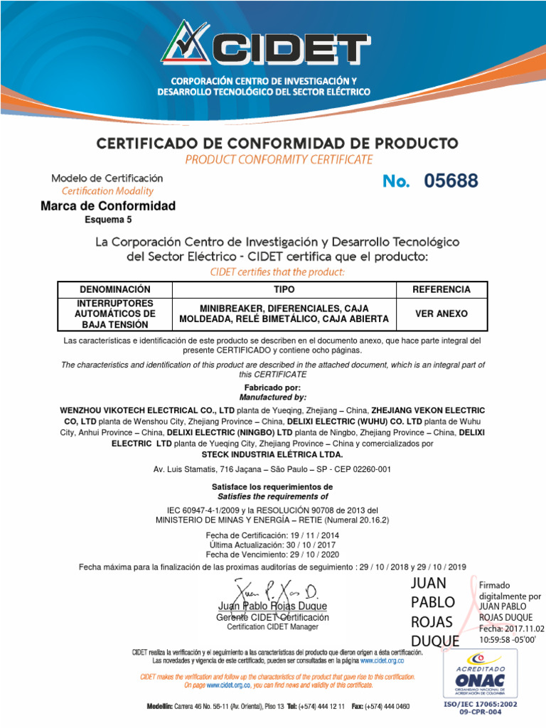 Cidet N°05688 (Certificado RETIE Producto) | PDF