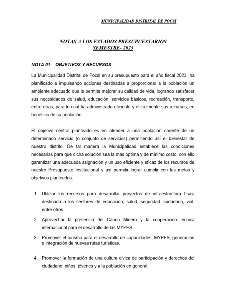 NOTAS A LOS ESTADOS PRESUPUESTARIOS semestre POCSI 2023 | PDF ...