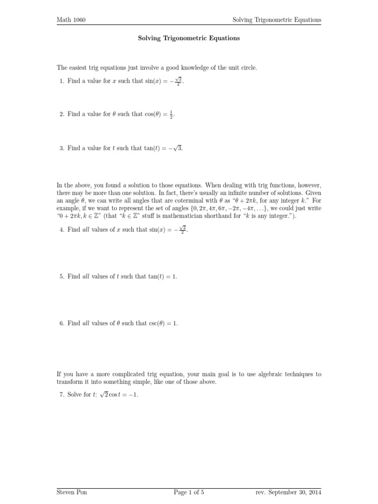 Solving Trig Equations | PDF | Equations | Trigonometric Functions