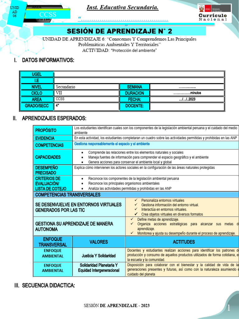 Sesion CCSS 4° Sec-Semana 02 Uni 6 | PDF | Entorno natural | Aprendizaje