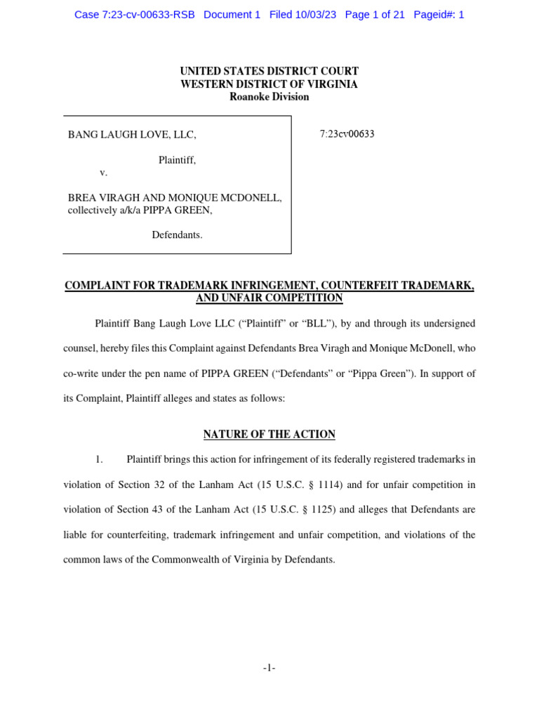 Bang Laugh Love LLC V Viragh Et Al Vawdce-23-00633 0001.0 | PDF | Legal ...