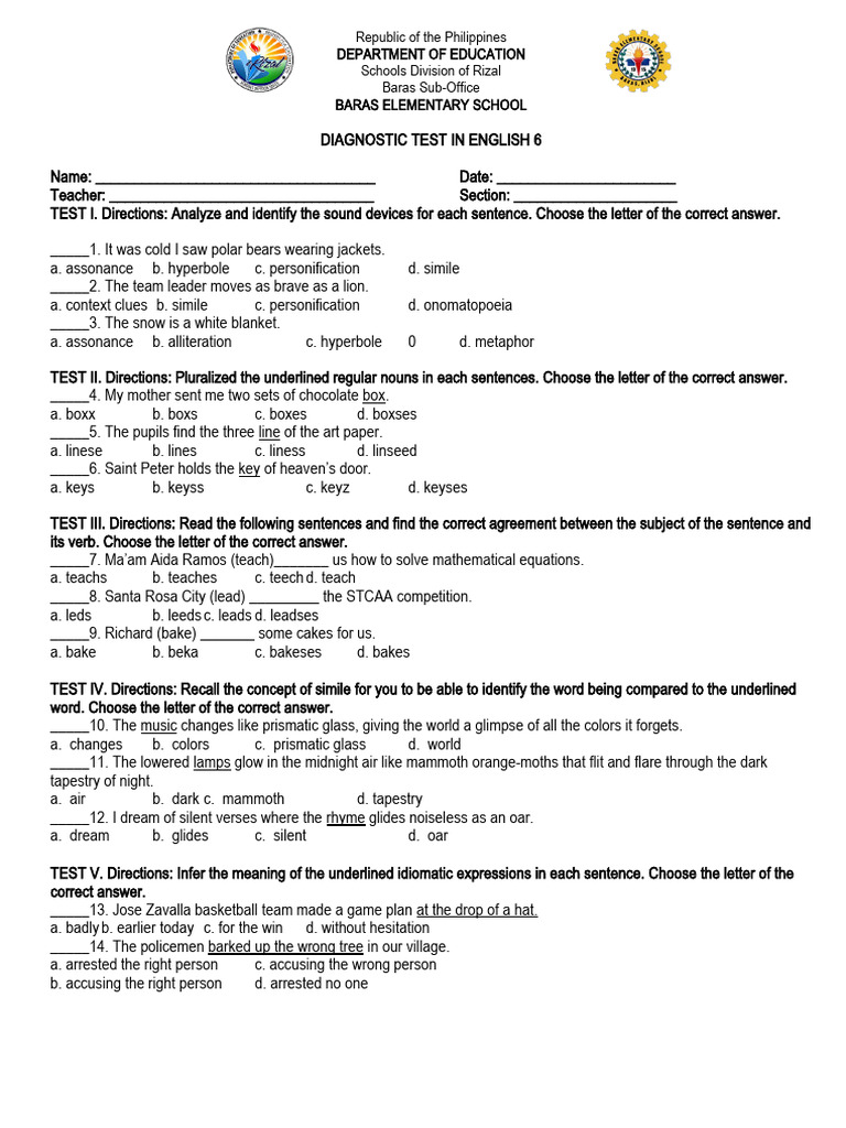 Pre Test - English 6 | PDF