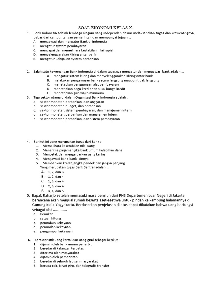 Soal Ekonomi Kelas X | PDF | Pengelolaan Keuangan & Uang