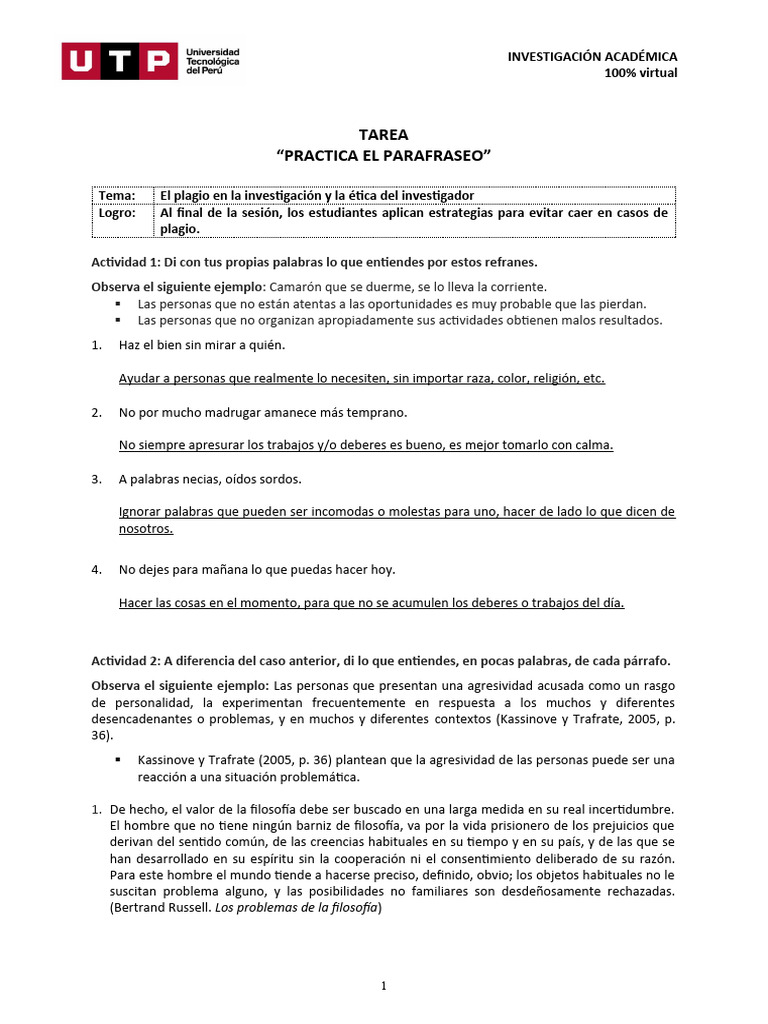 Semana 01 - Documentos - Practica El Parafraseo - Oscar Velez Pastor | PDF