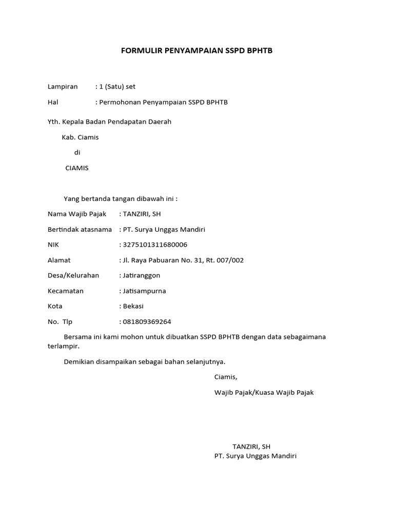Formulir Penyampaian Sspd Bphtb | PDF
