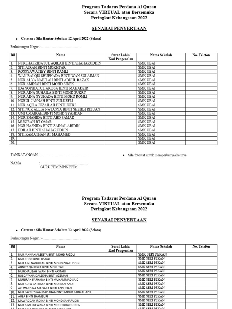 Borang - Penyertaan - Program - Tadarus - Perdana - Al - Quran - Secara ...