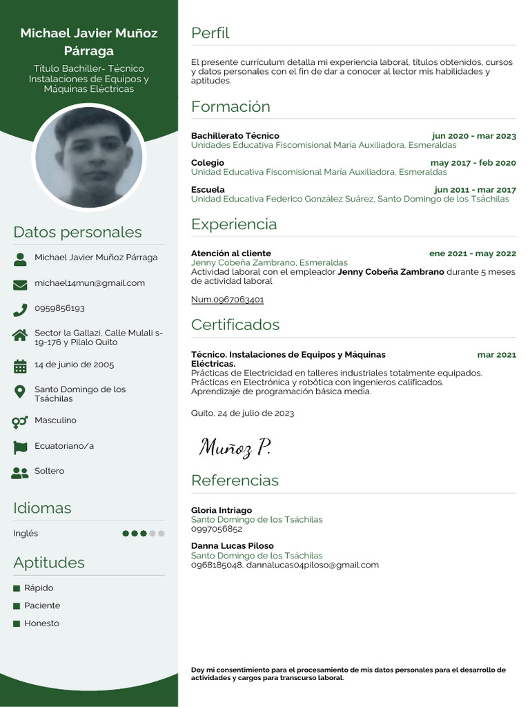 CV Michael Javier Muñoz Párraga | PDF