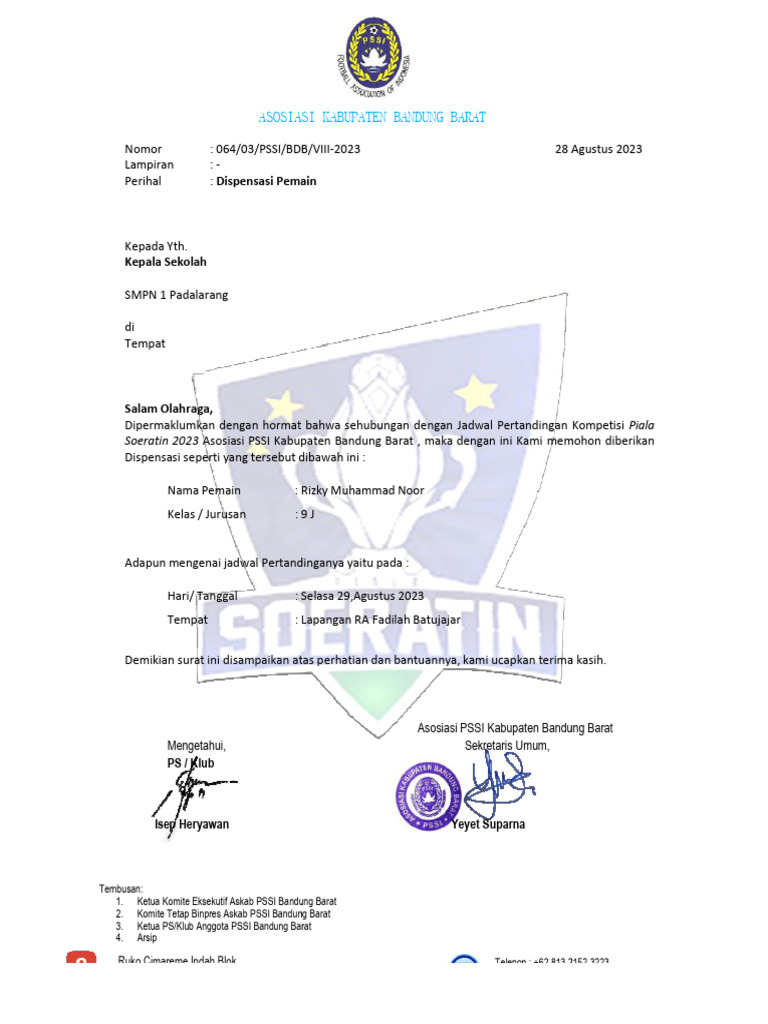 Dispensasi Soeratin Semi Final Rizki M | PDF