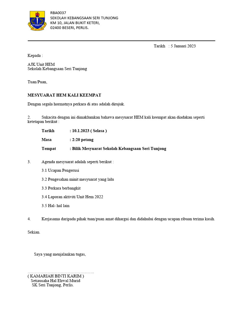 Surat Panggilan Mesyuarat HEM Kali Ke4 202223 | PDF