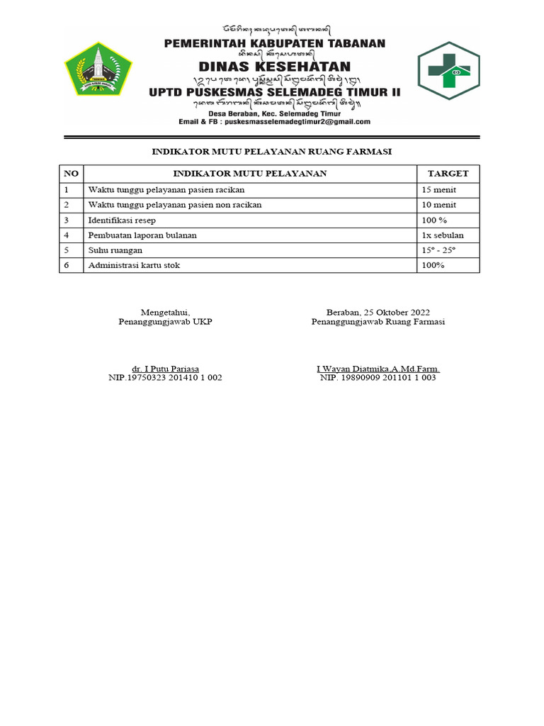 Indikator Mutu Pelayanan Ruang Farmasi | PDF