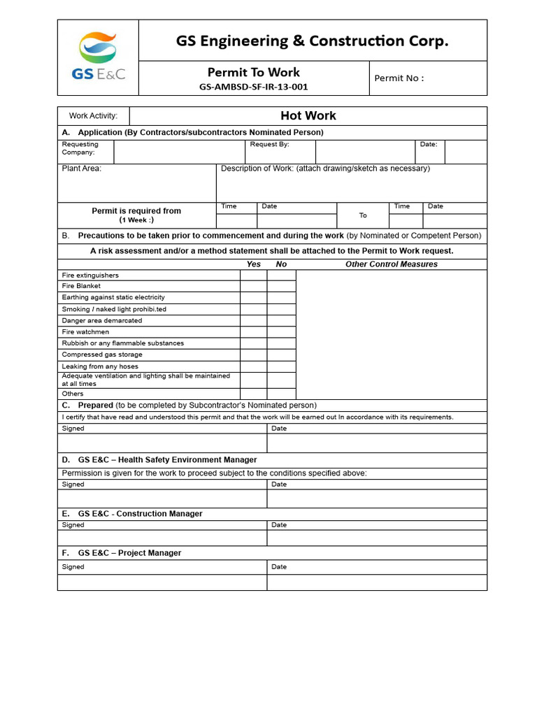 Hot Work Permit Application Form | PDF