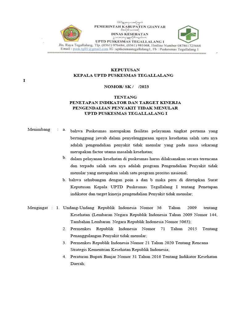 Sk Penetapan Indikator Dan Target Kinerja Ptm Compress | PDF