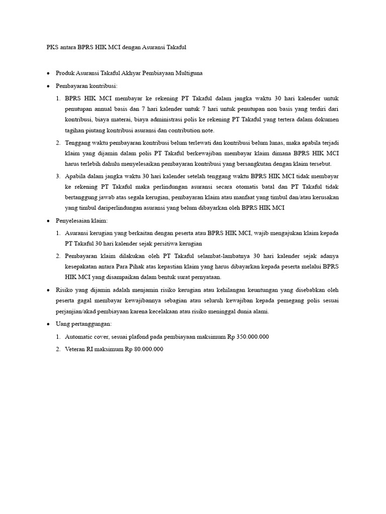 PKS Antara BPRS HIK MCI Dengan Asuransi Takaful | PDF