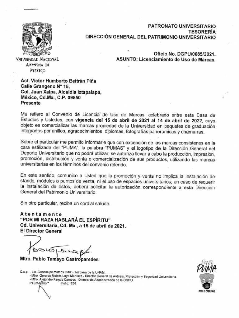 Oficio UNAM Licencia de uso Marcas y logotipos | PDF