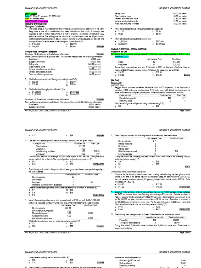P03 - Absorption, Variable & Throughput Costing | PDF | Inventory | Cost