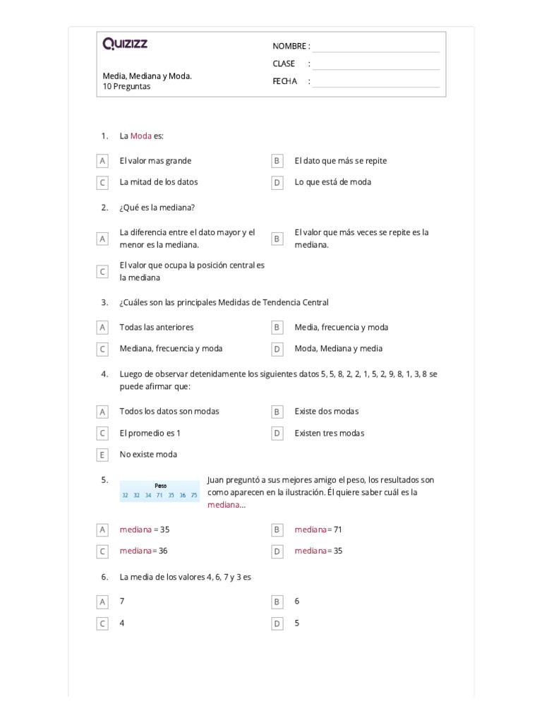 Quizizz - Media, Mediana y Moda | PDF