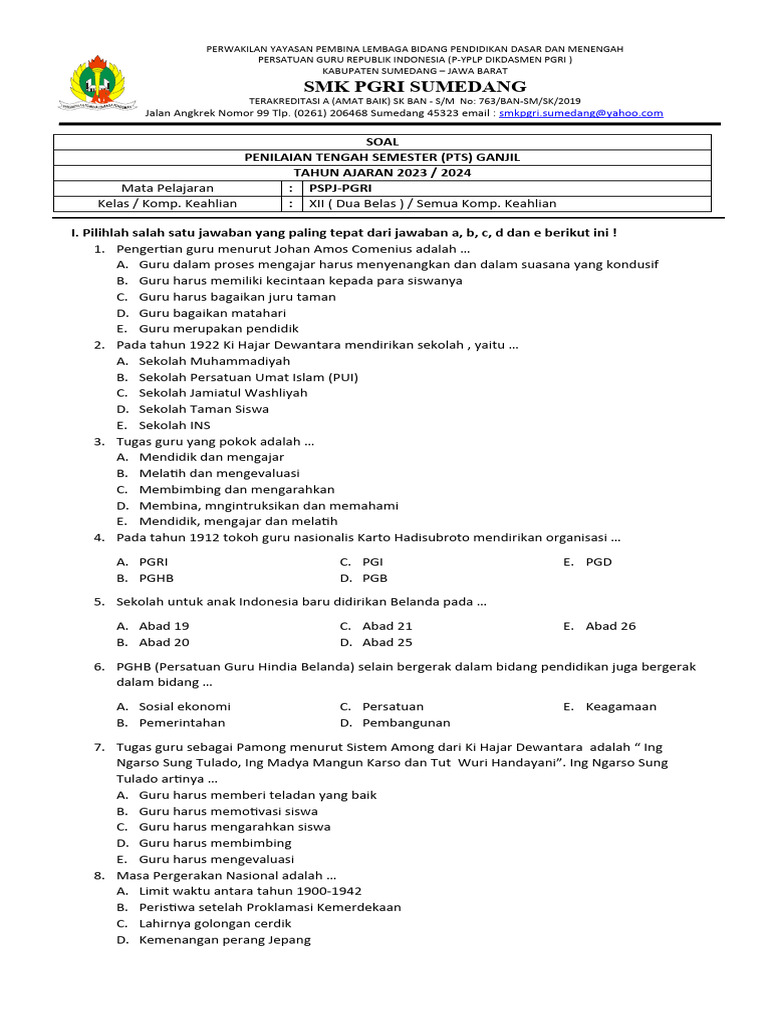 Soal PTS Ganjil Pspj-Pgri Kelas Xii 2023-2024 | PDF