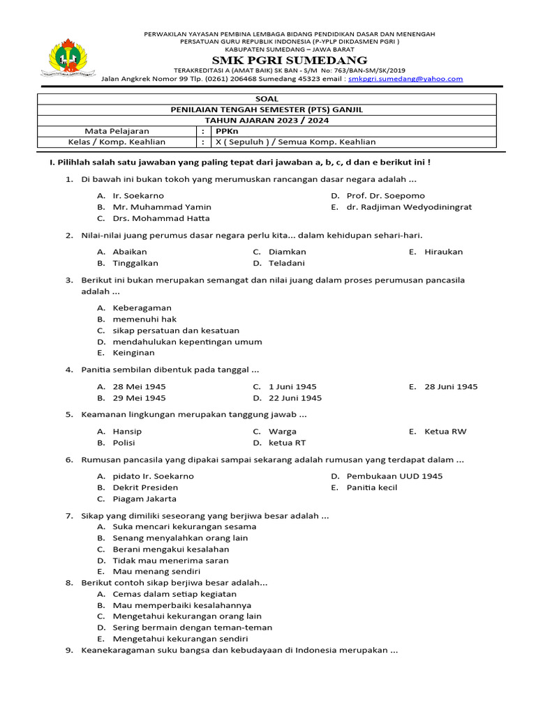 SOAL PTS GANJIL PPKN KELAS X 2023-2024 | PDF