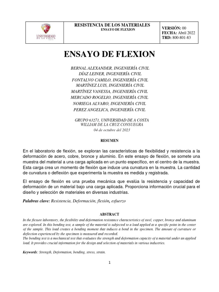 Informe de Laboratorio Flexion 03-10-2023 | PDF Informe de Laboratorio Flexion 03-10-2023 | PDF