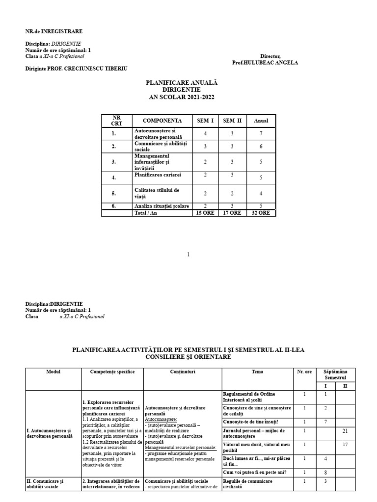 Planificare Dirigentie Xi Model | PDF