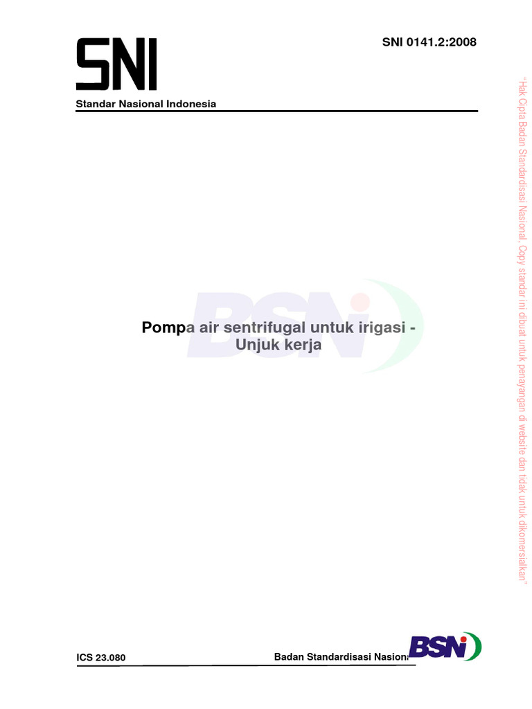 SNI 0141.2-2008 Pompa Air - Unjuk Kerja | PDF