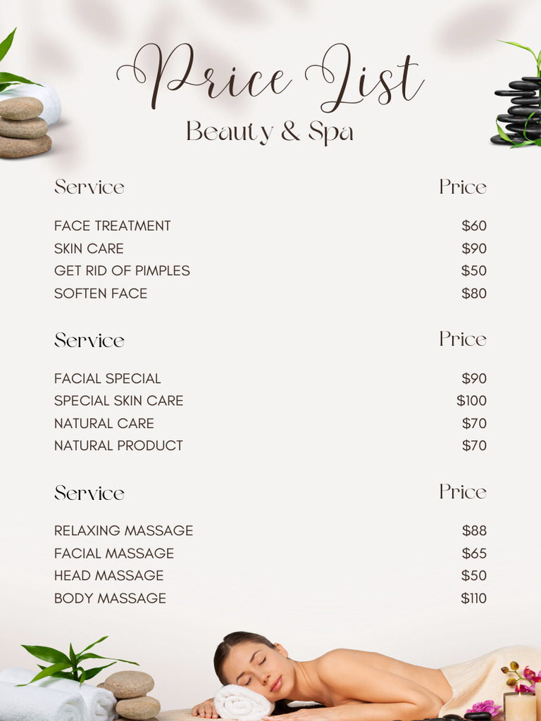 Brown and White Elegant Beauty & Spa Price List A4 Document | PDF