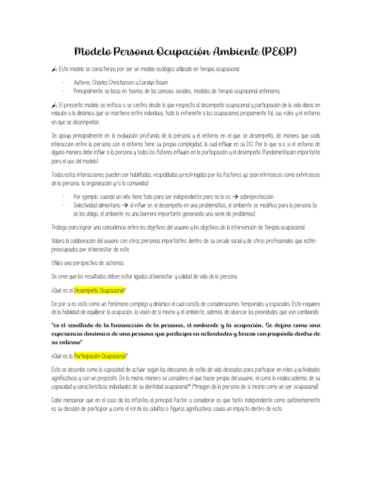 Resumen Modelo PEOP | PDF | Terapia ocupacional | Sicología