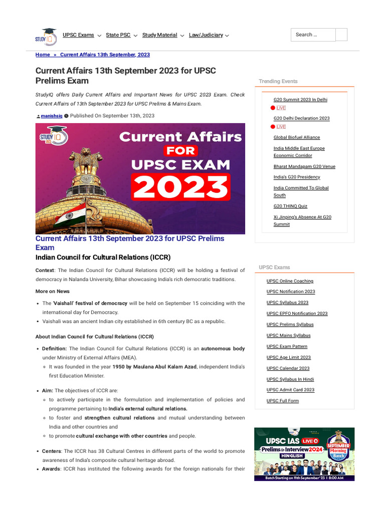 Current Affairs 13th September 2023 For UPSC Prelims Exam | PDF