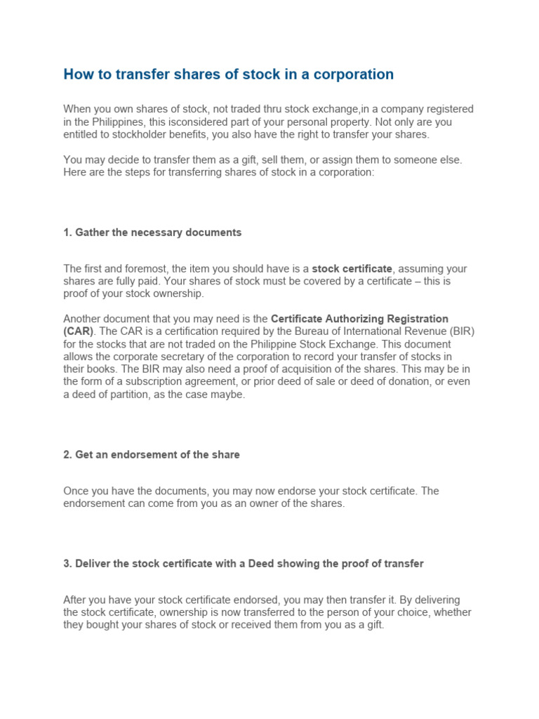 How To Transfer Shares of Stock in A Corporation | PDF | Stocks ...