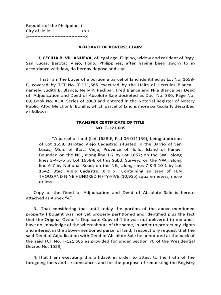 affidavit of adverse claim | PDF