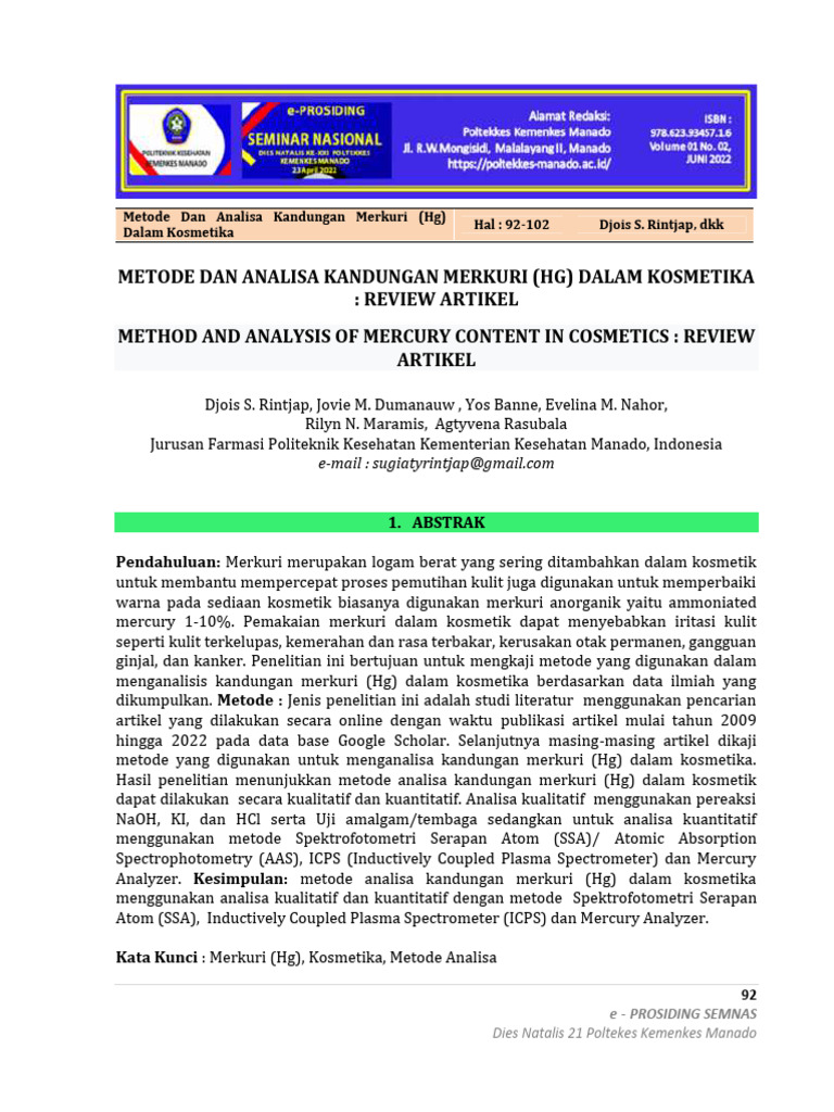 Analisis Merkuri dalam Kosmetika: Metode dan Hasil | PDF