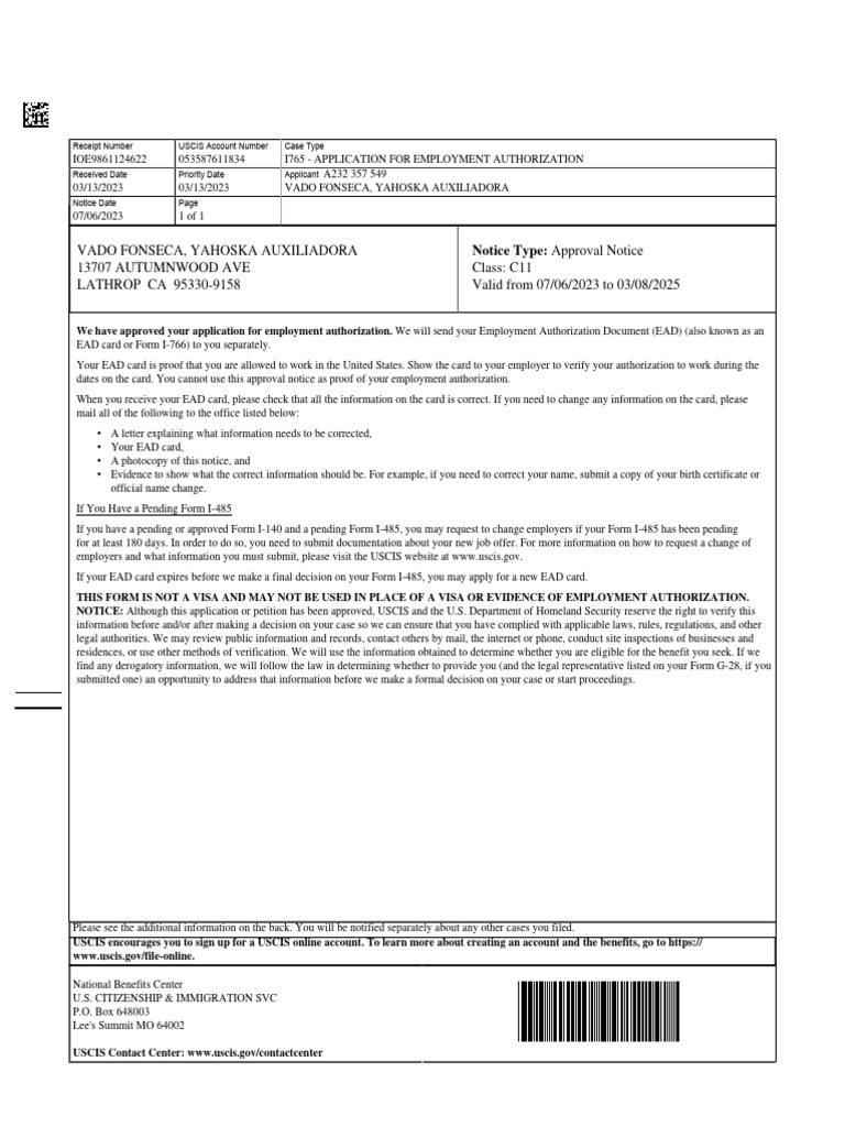 I-765 C11 Standalone Approval (1) | PDF