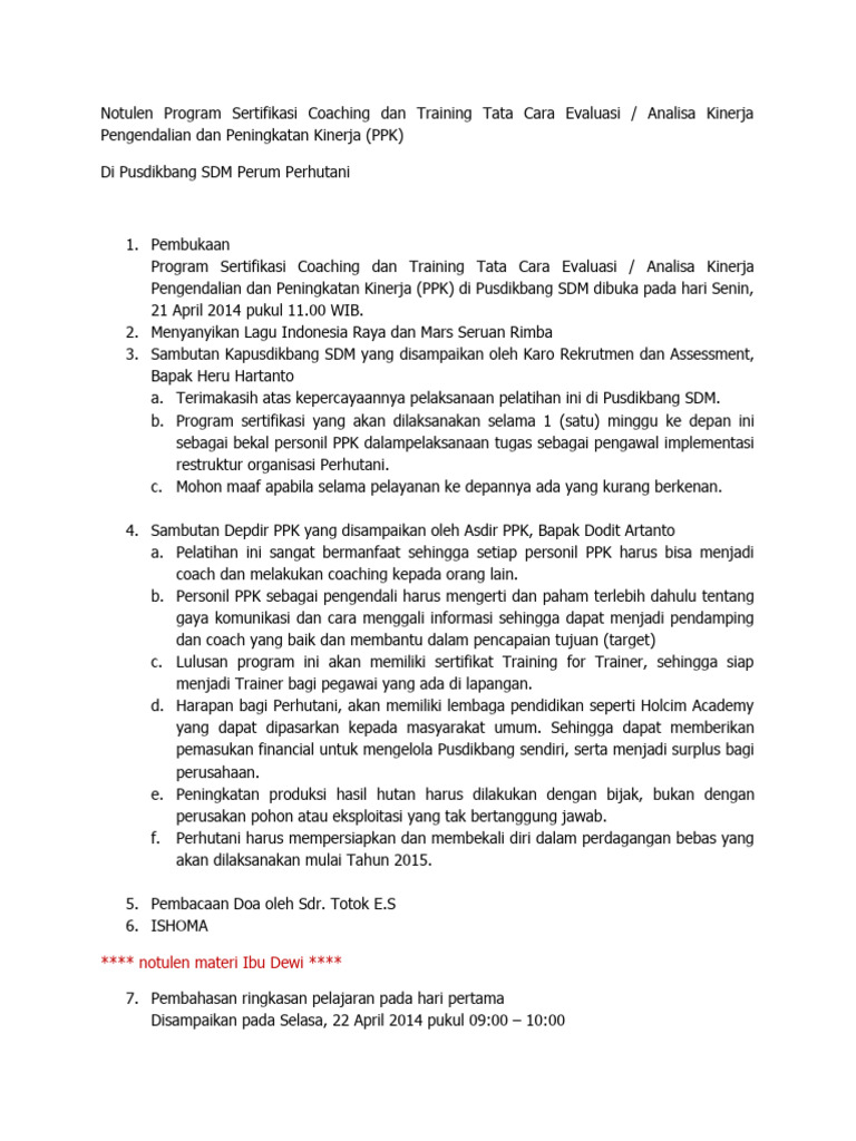 Notulen Program Sertifikasi Coaching dan Training Tata Cara Evaluasi | PDF