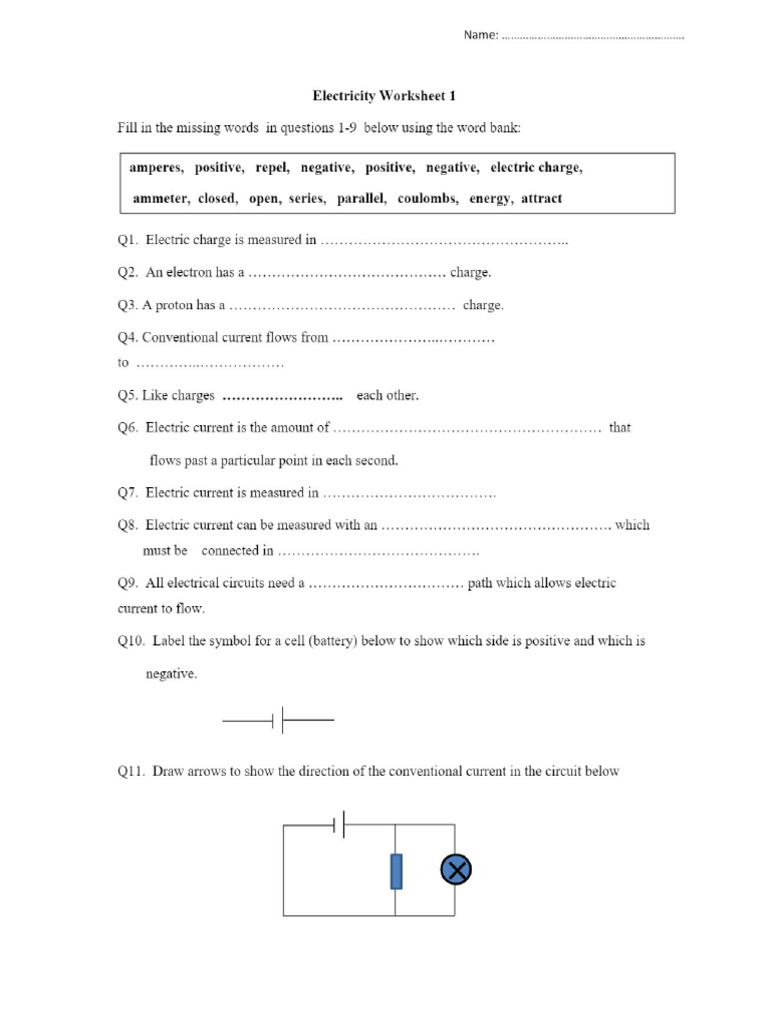 Electricity Worksheet | PDF