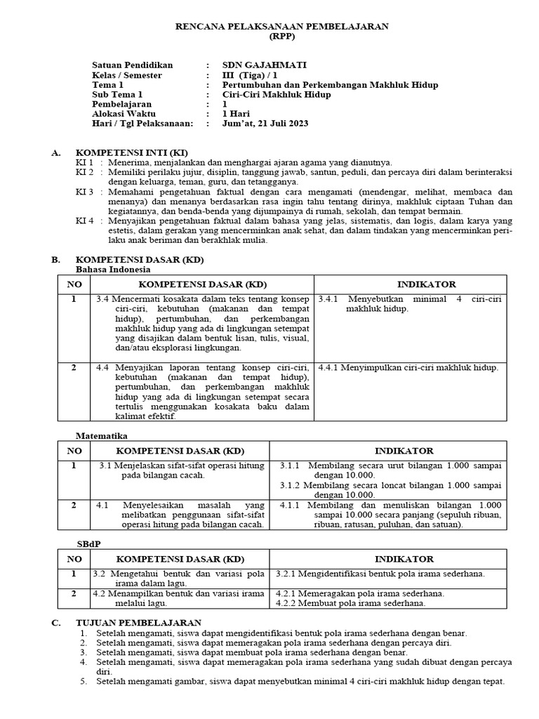 RPP TEMA 1 KELAS 3 REVISI 2018-Canalpendidik - Com (Repaired) | PDF | Seni & Disiplin Bahasa