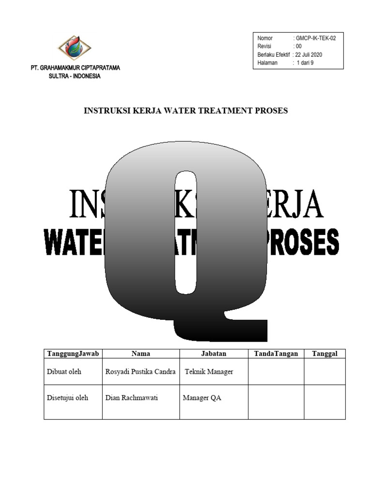 Instruksi Kerja Proses Penjernihan Air (WTP) | PDF