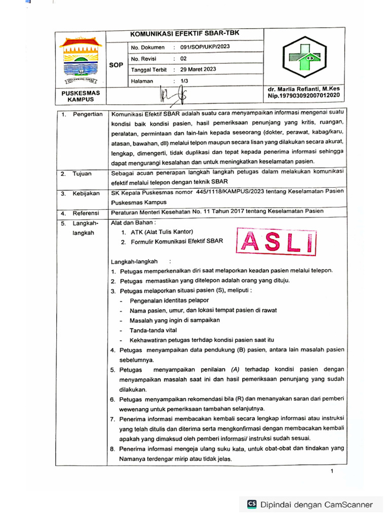 SOP KOMUNIKASI EFEKTIF SBAR | PDF