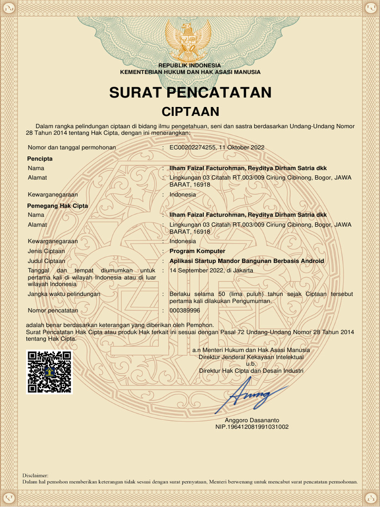 Sertifikat Dan Manual Book HKI | PDF